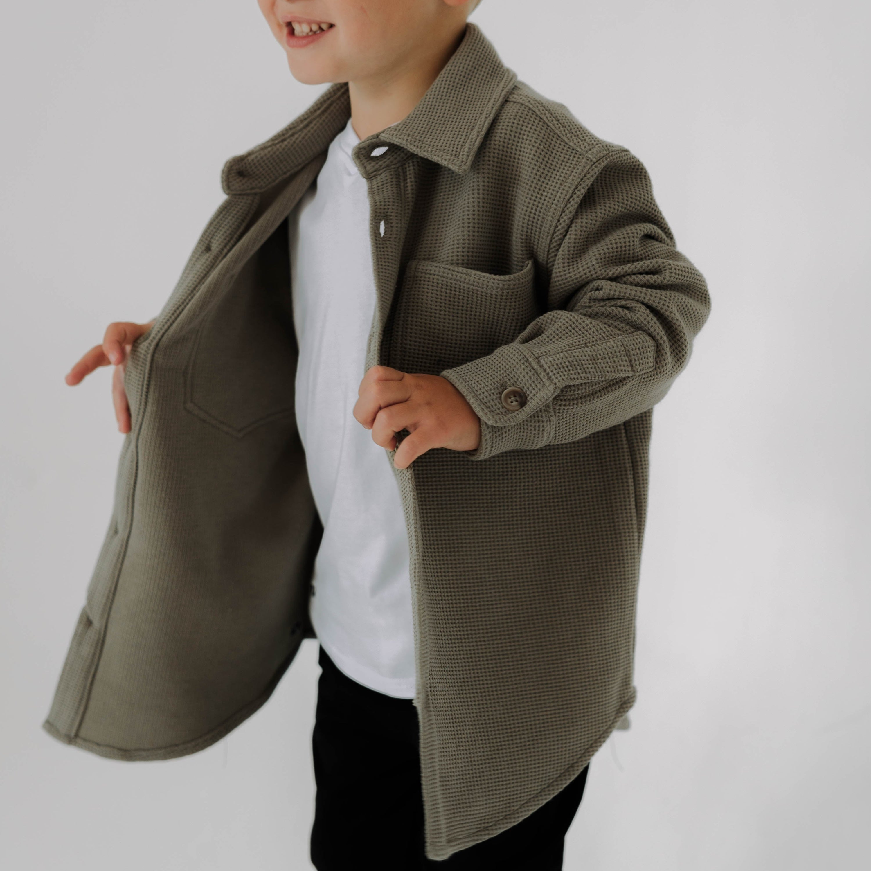 Kids Waffle Shacket | Khaki Green - Blaze Kids Wear