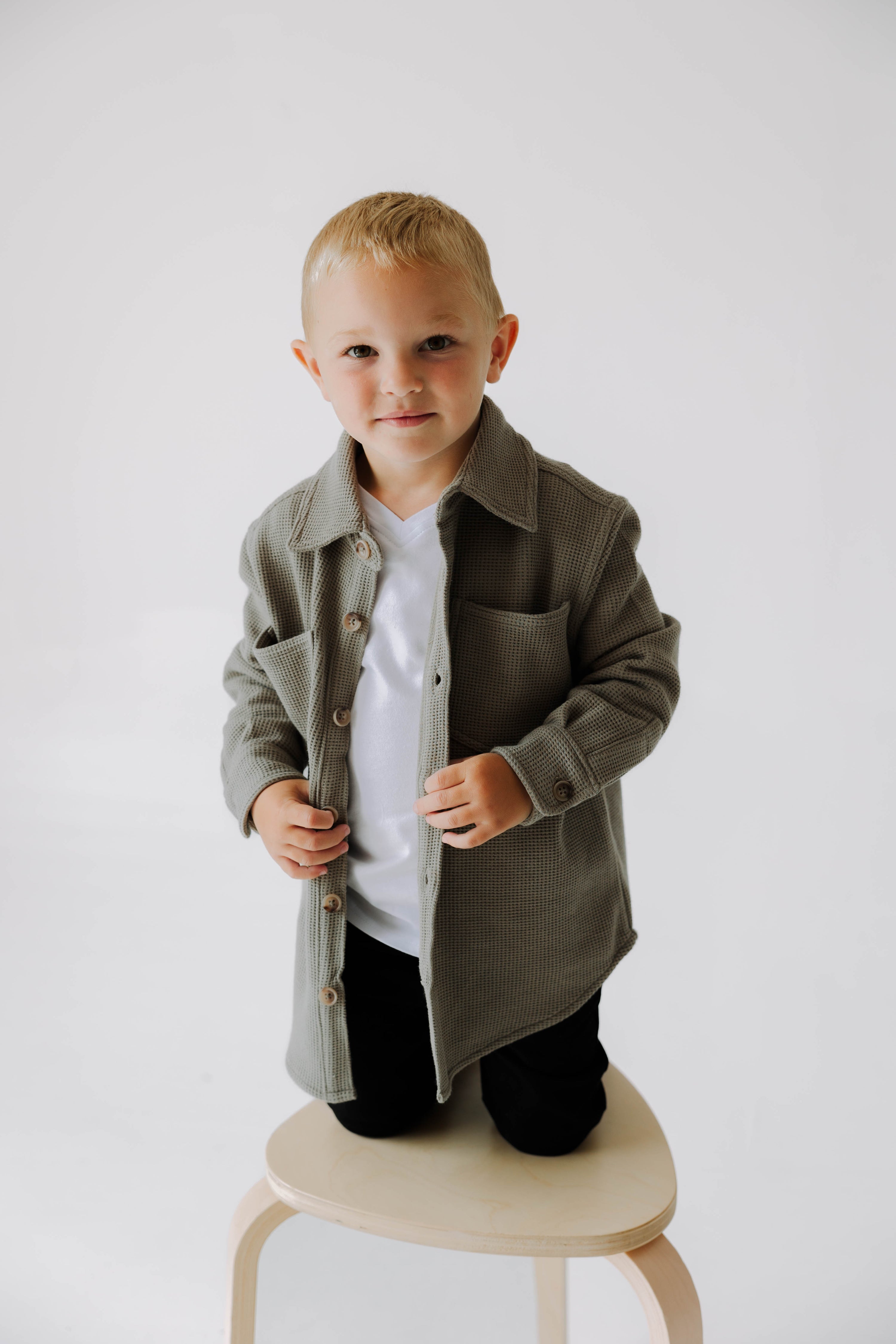 Kids Waffle Shacket | Khaki Green - Blaze Kids Wear